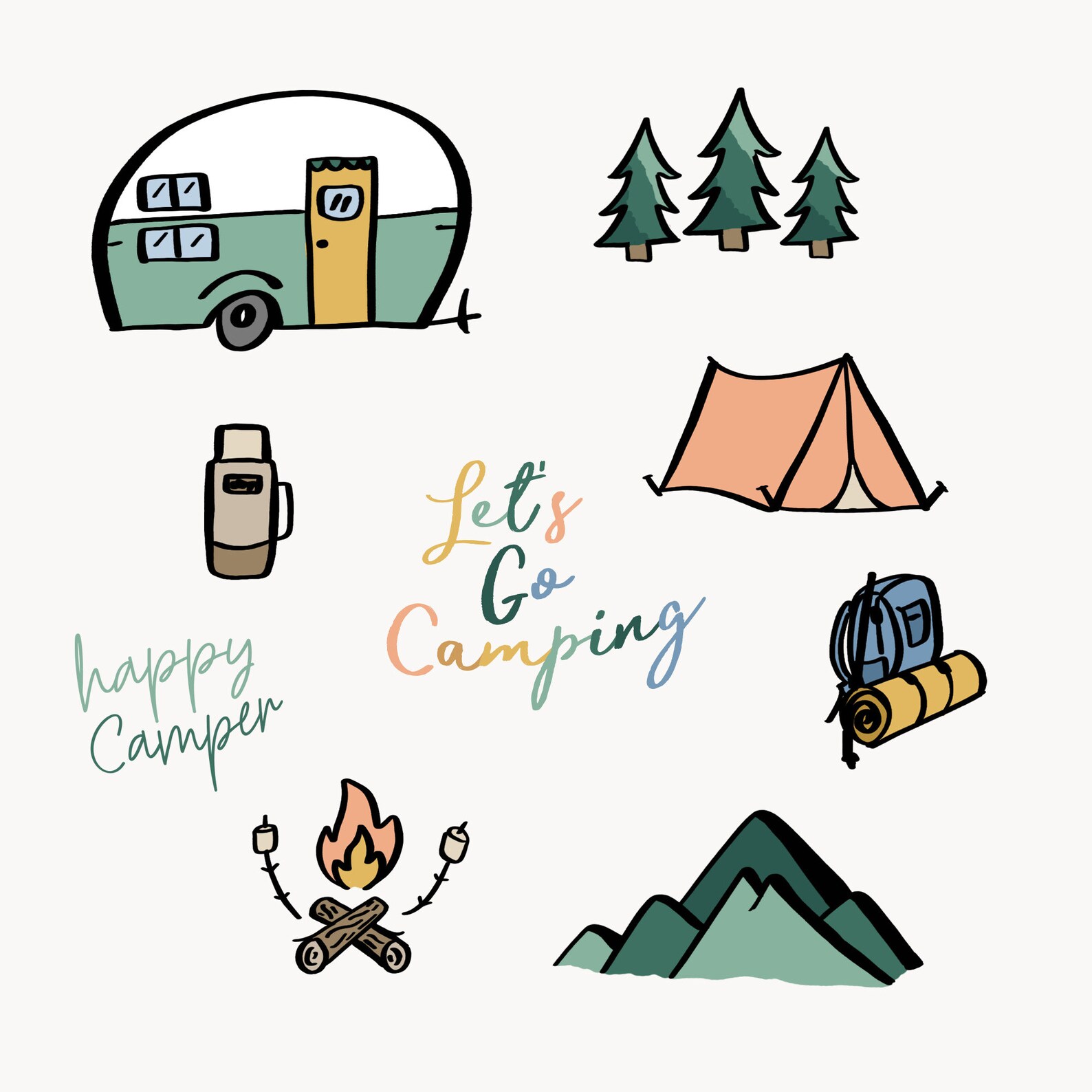 Camping Clip Art Hand Drawn Outdoors Camping Graphics 27 | Etsy