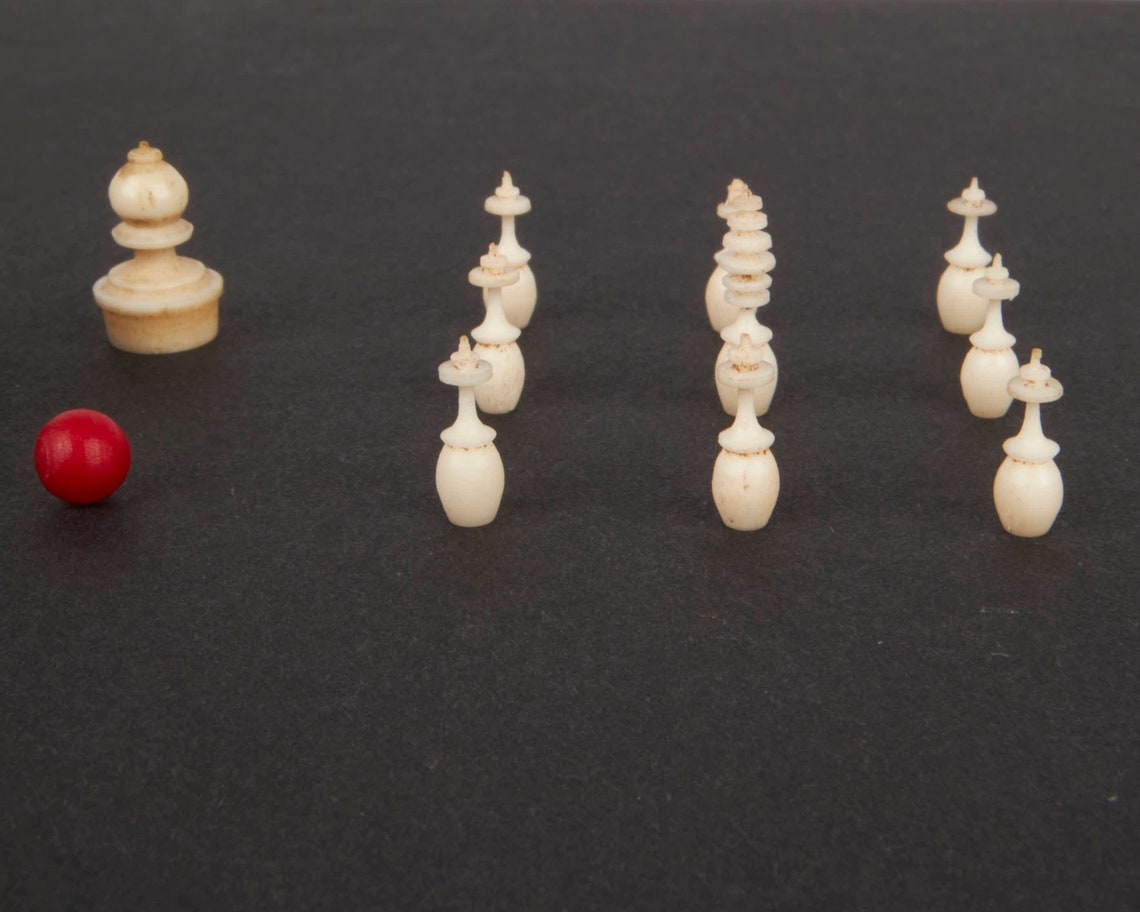 Antique 1800s Napoleonic Prisoner of War Miniature 9 Pin Skittles Held ...