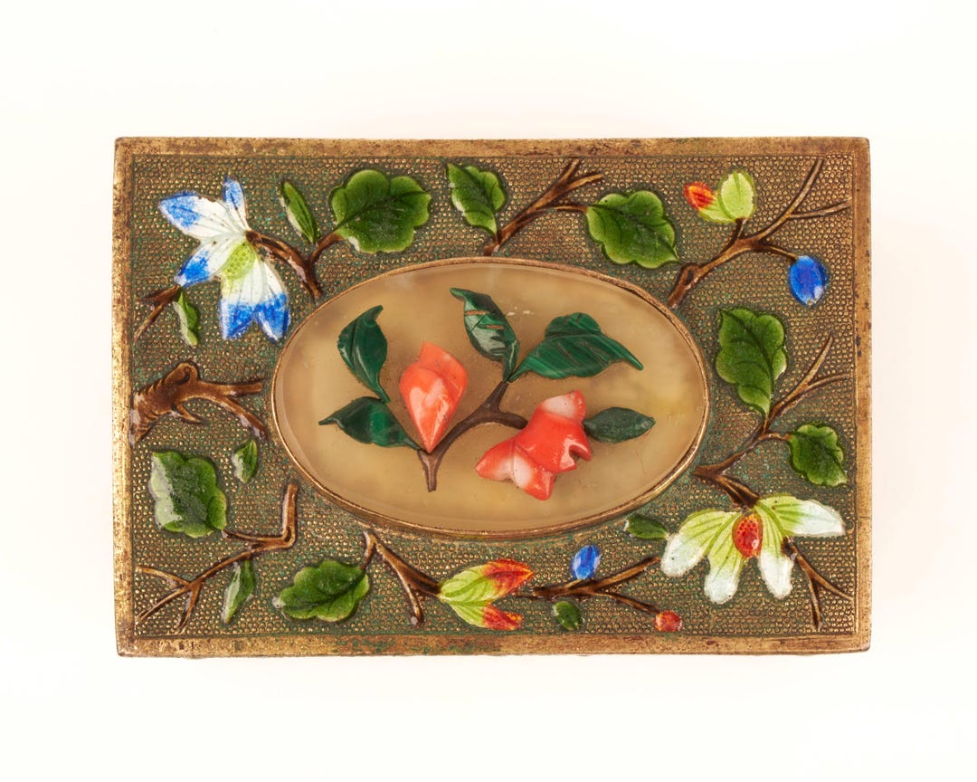 Antique 1920s Chinese Hardstone and Flowers Enamel Gilt Metal Match Box ...