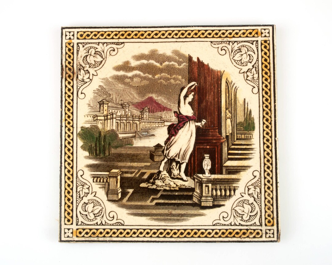 Antique 1890s Victorian English Printed Pottery Tile With Statue With a ...