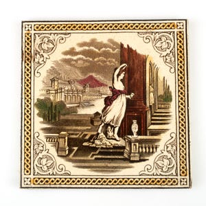 Antique 1890s Victorian English Printed Pottery Tile With Statue With a ...