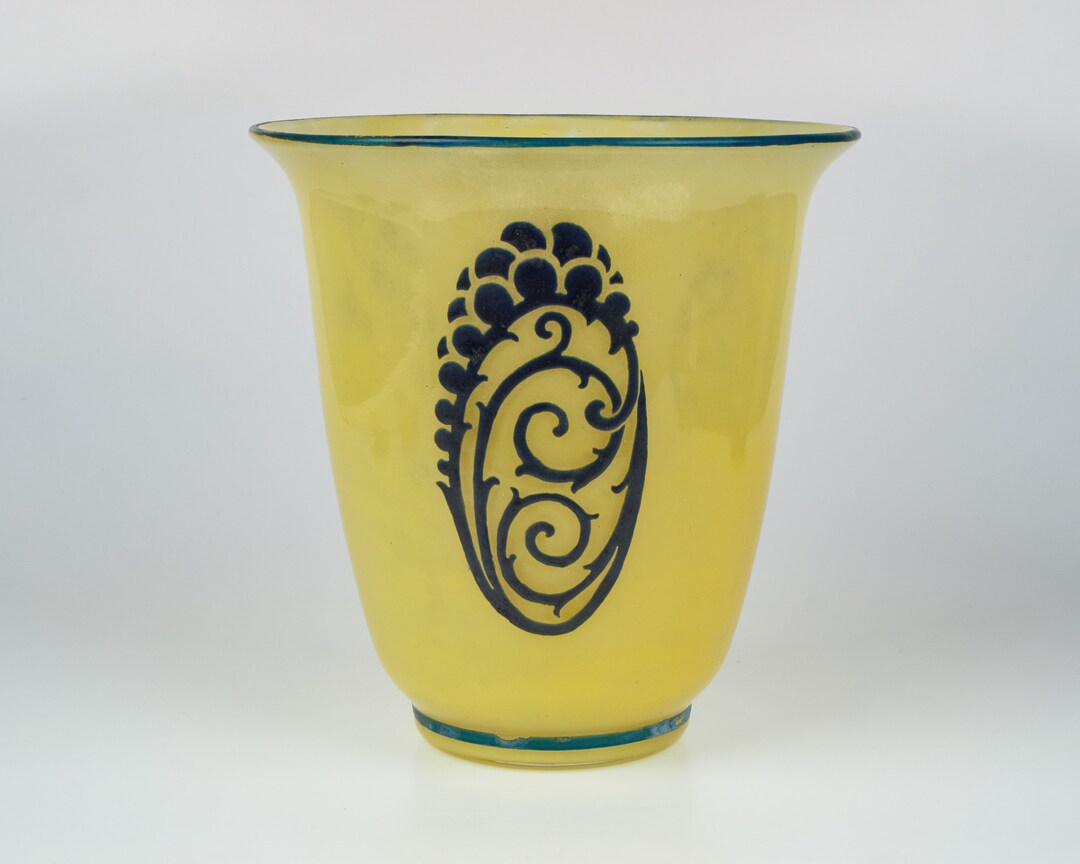Rare 1920s Marcel Goupy, Paris Lemon Yellow and Blue Enamel Glass Vase ...