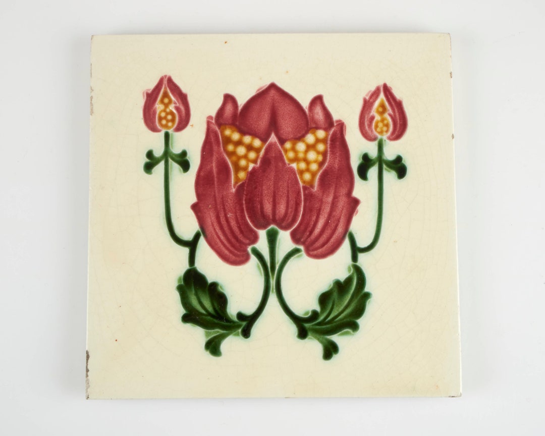 Antique 1900s English Art Nouveau H.A. Ollivant Pink and Amber Poppy ...