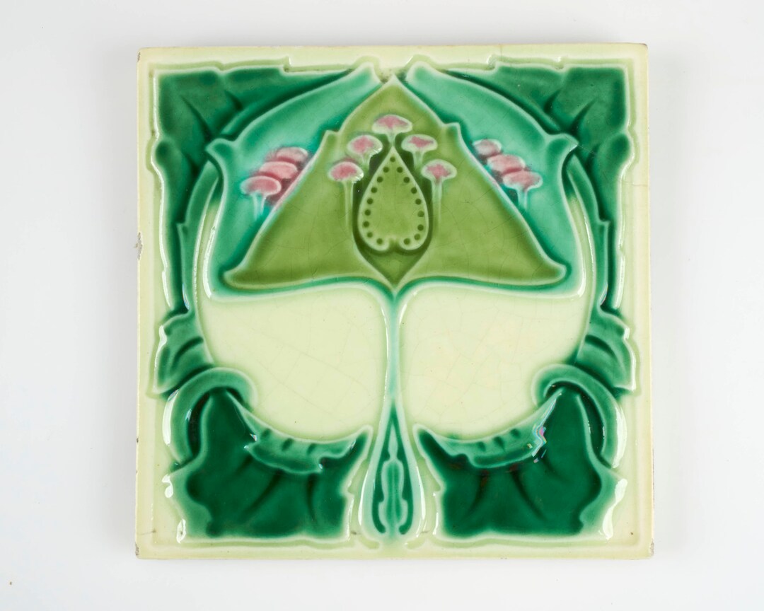 Antique 1900s T. A. Simpson Art Nouveau Pink and Green Pottery Tile ...
