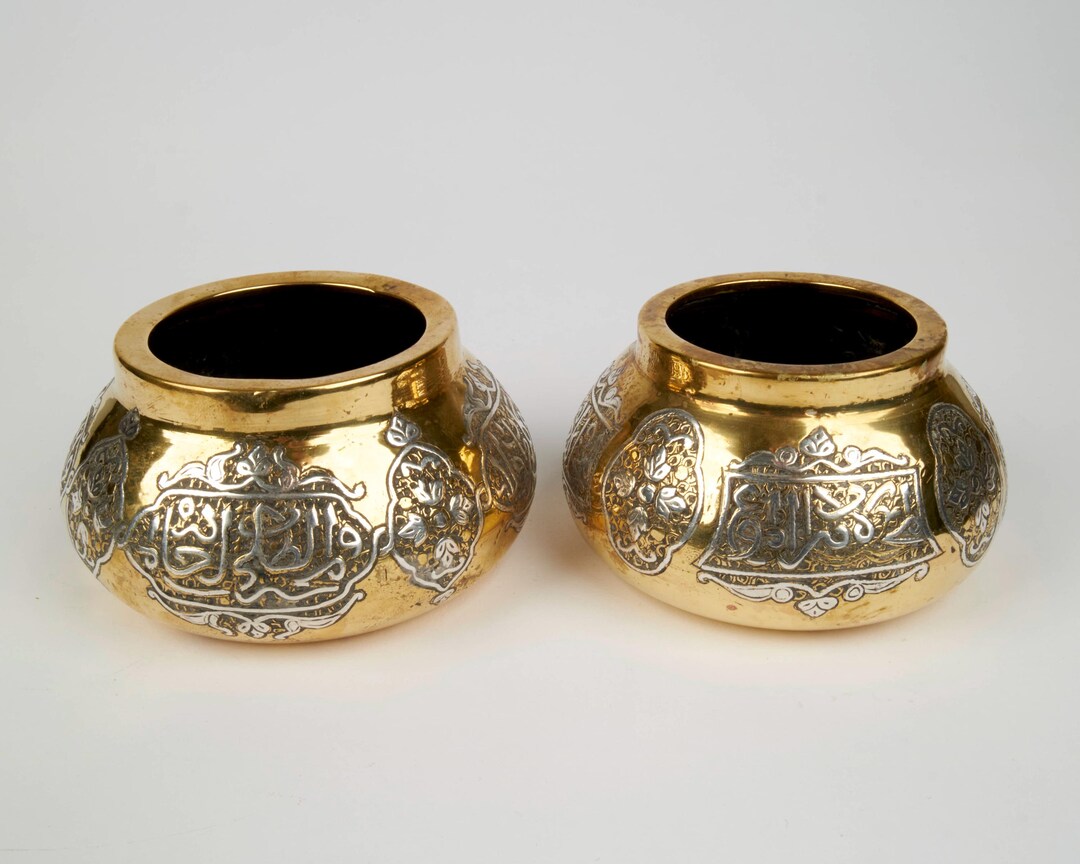 Pair of Antique 1900s Egyptian Cairoware Silver Inlaid Brass Bowls With ...