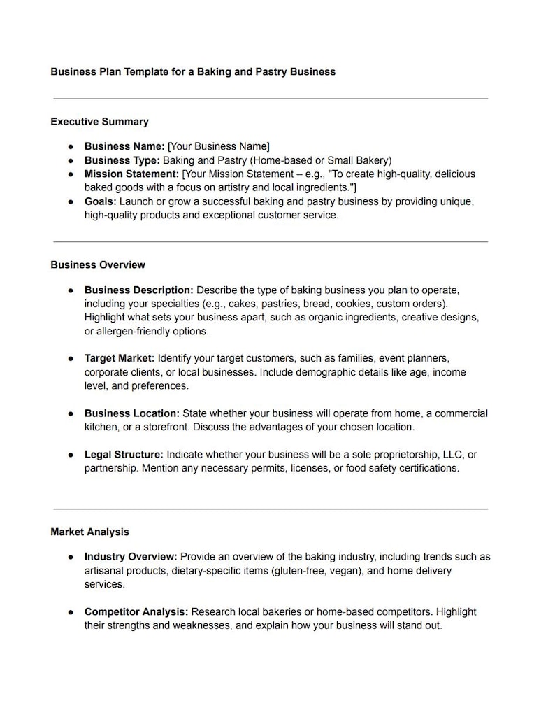 Business Plan Template for a Baking and Pastry Business - Etsy