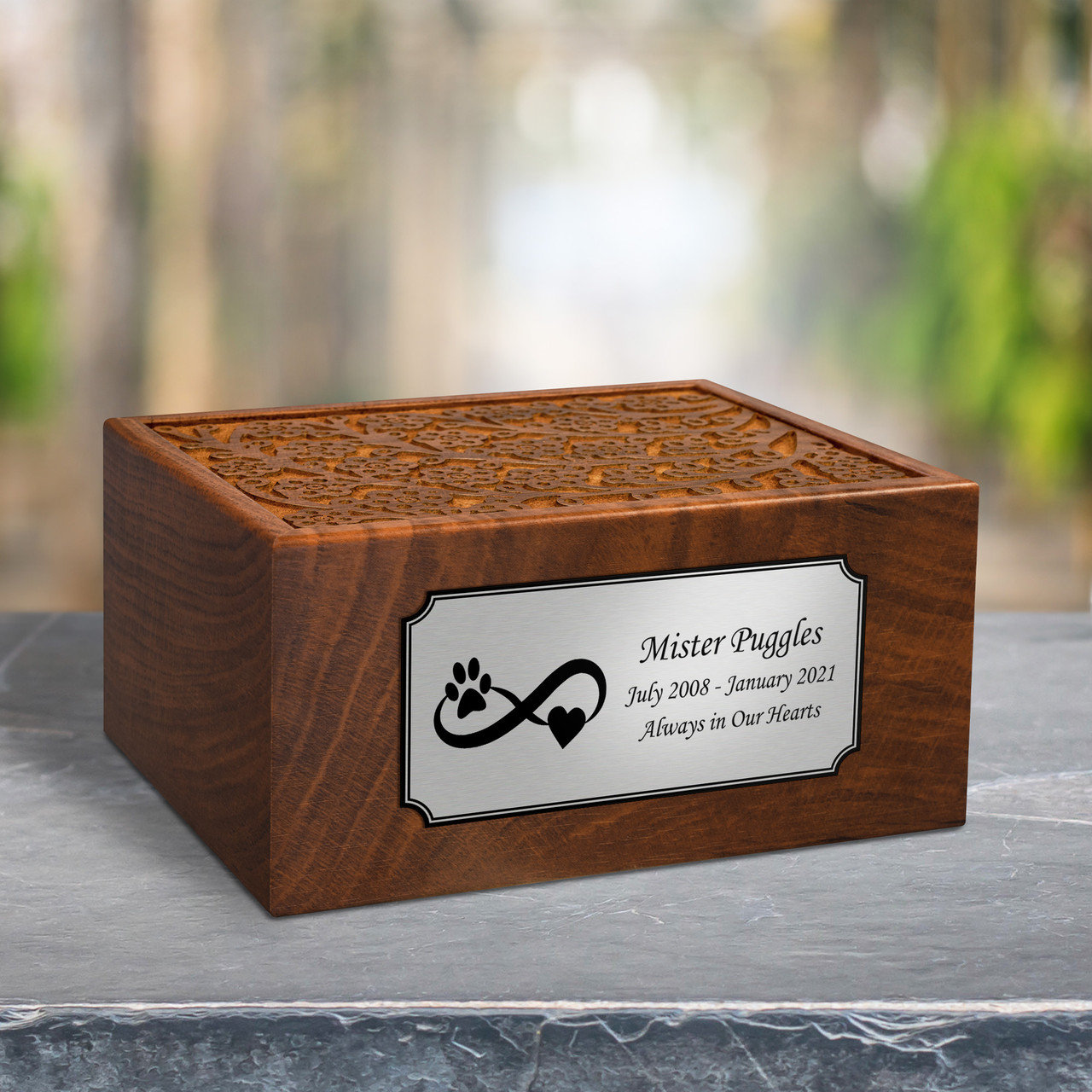 Infinity Paw Sheesham Pet Cremation Urn - 2 Sizes - Carved Floral Top ...