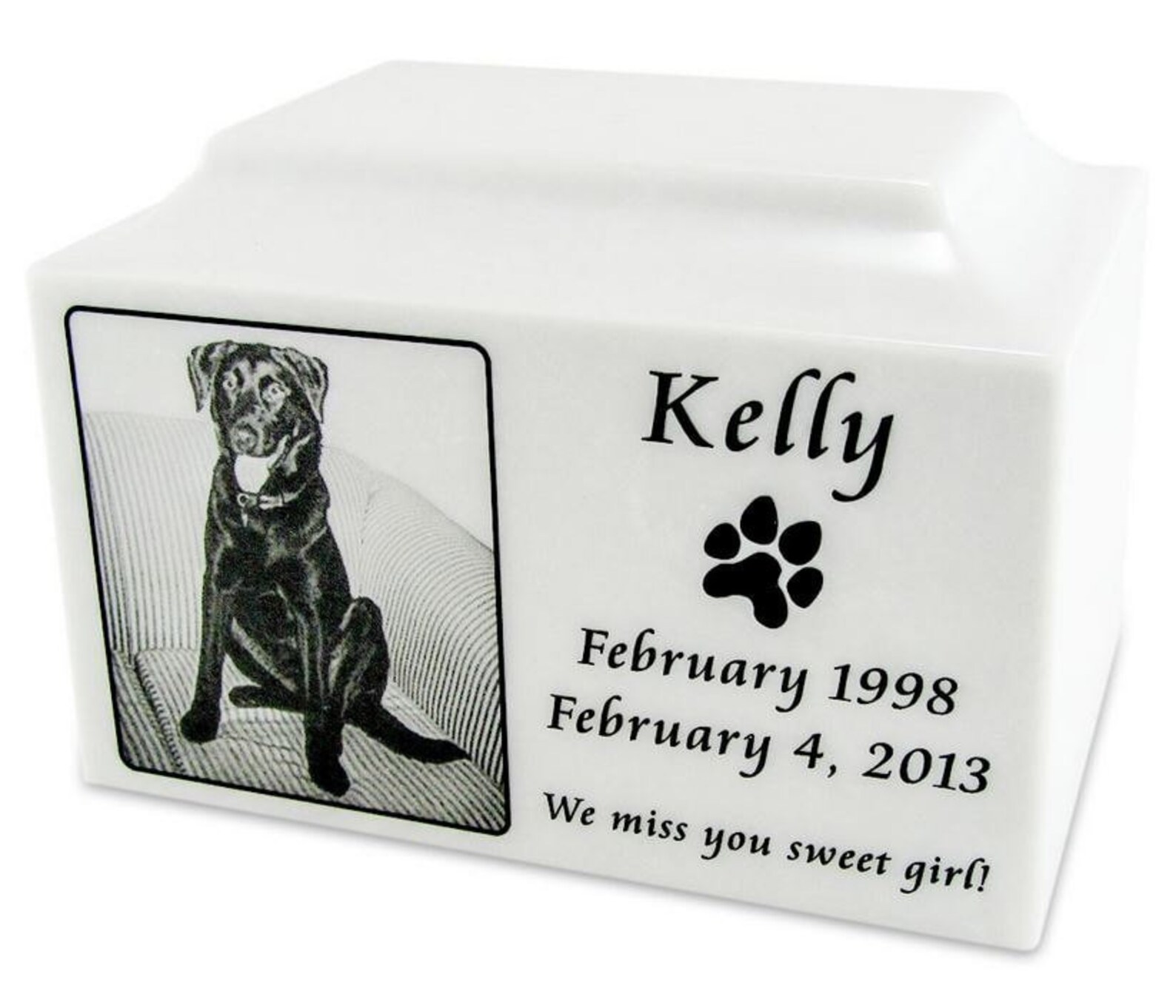White Cultured Marble Large Pet Cremation Urn With Engraved Photo ...