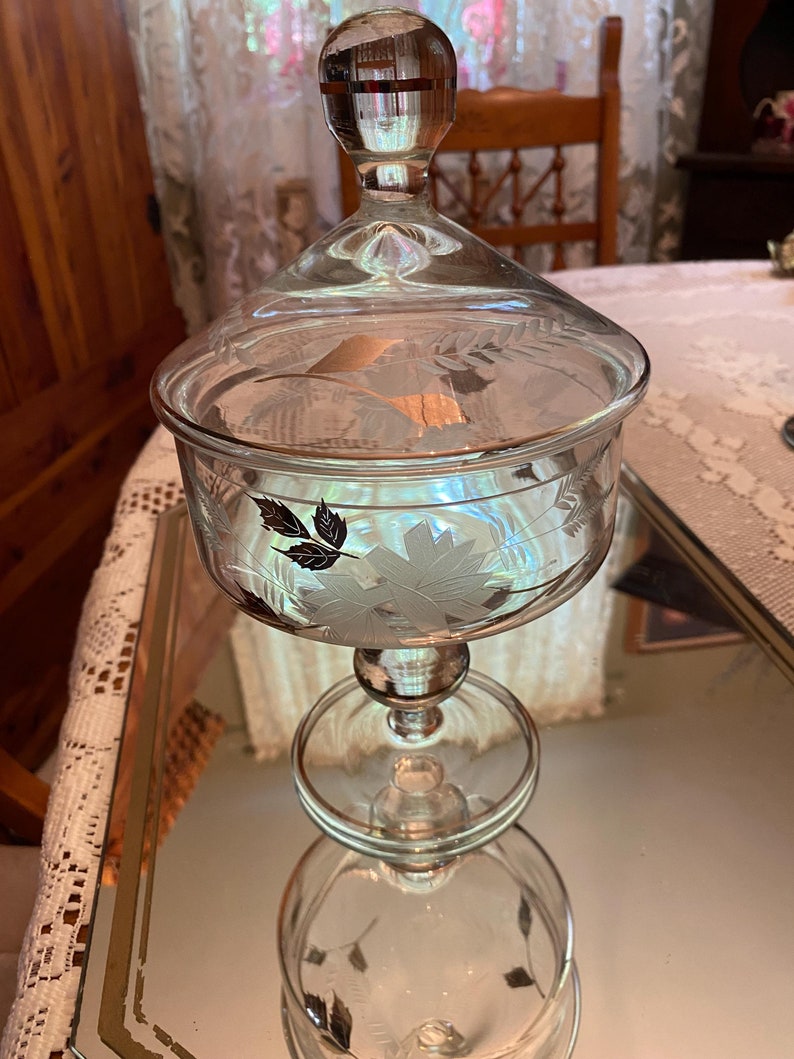 11 Tall Clear Glass Candy Dish/etched Leaf Design/bonze Leaves - Etsy