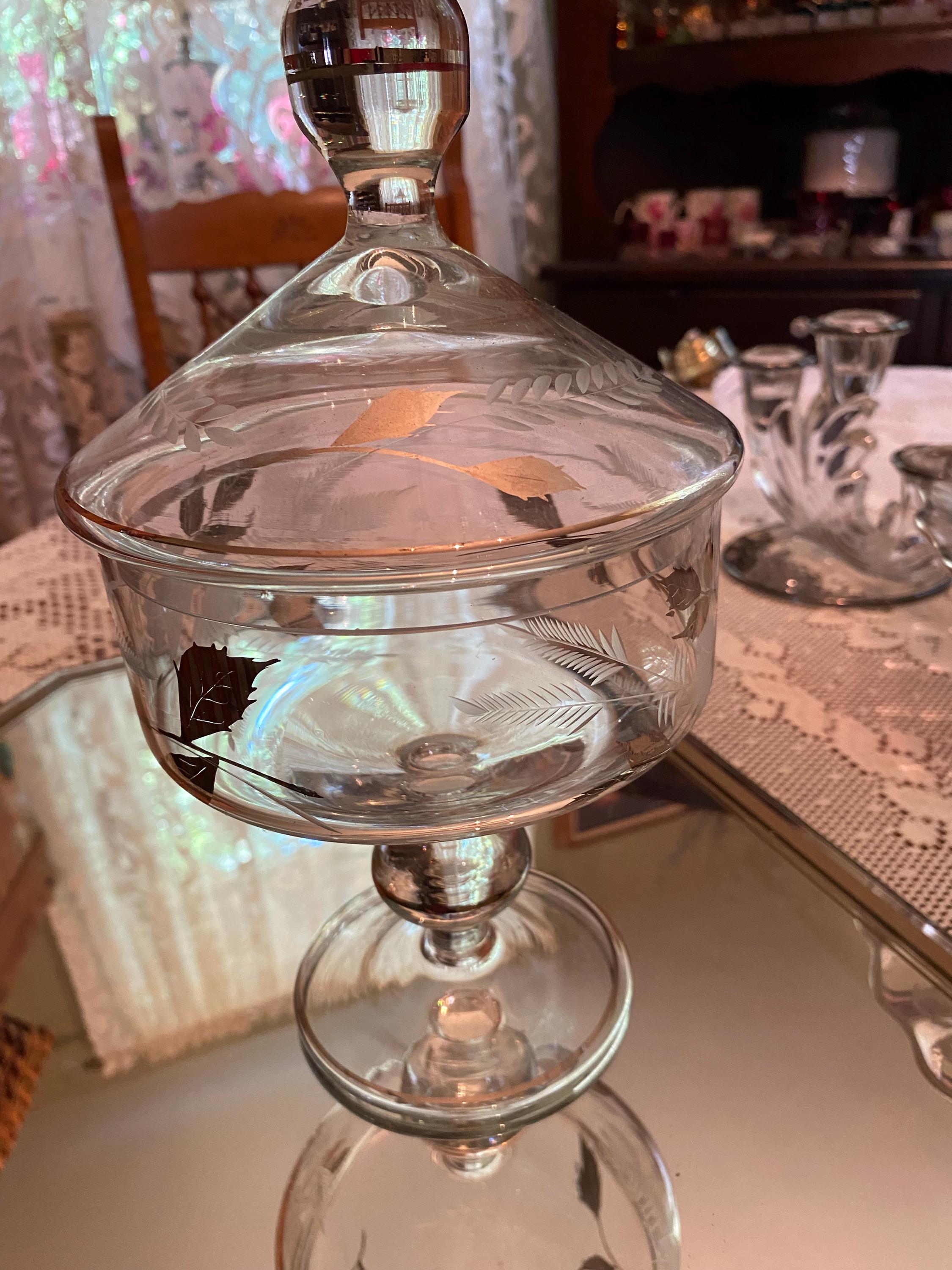 11 Tall Clear Glass Candy Dish/etched Leaf Design/bonze Leaves - Etsy