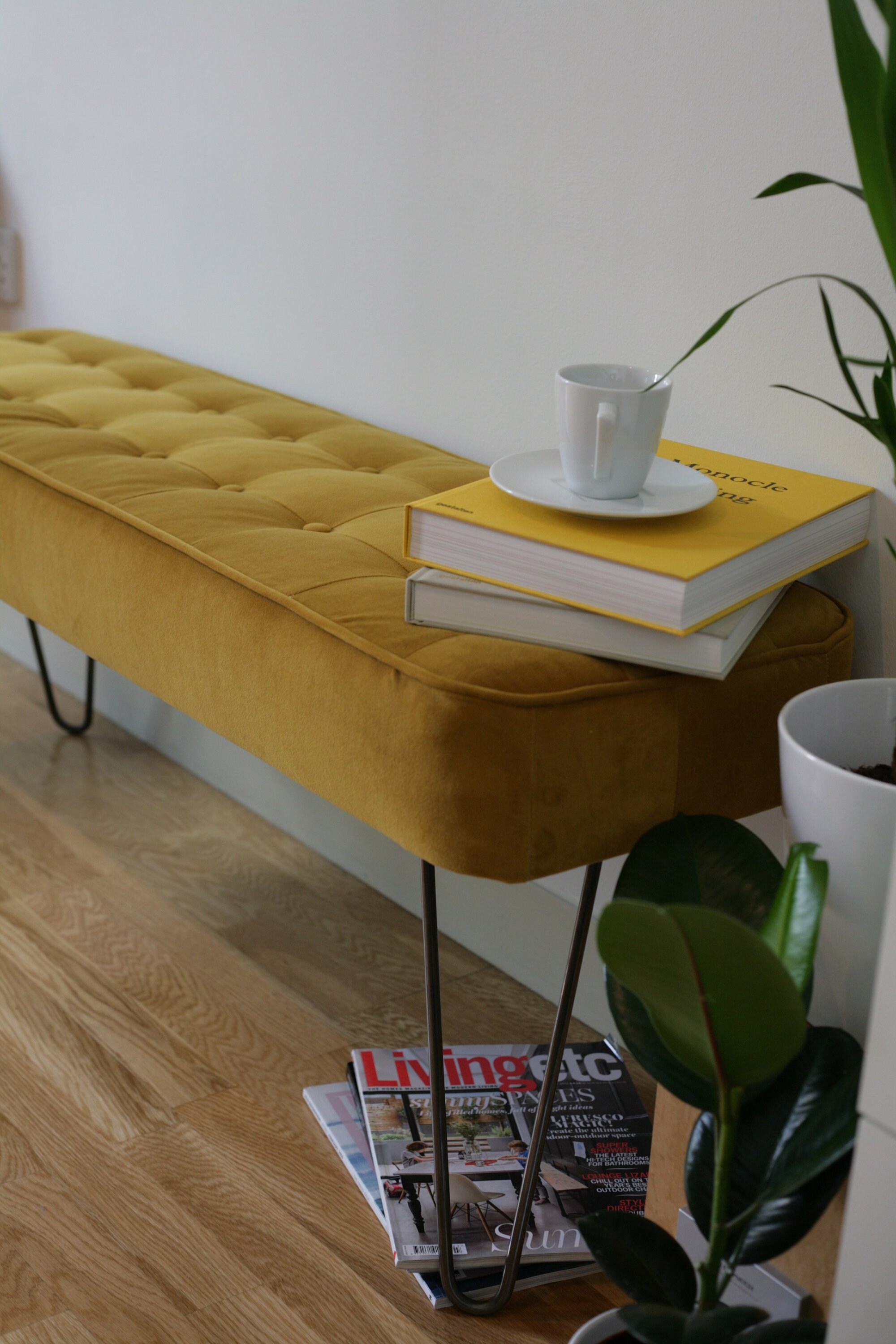 HARRISON Mustard Velvet Mid-century Style Panel Bench With Hairpin Legs ...