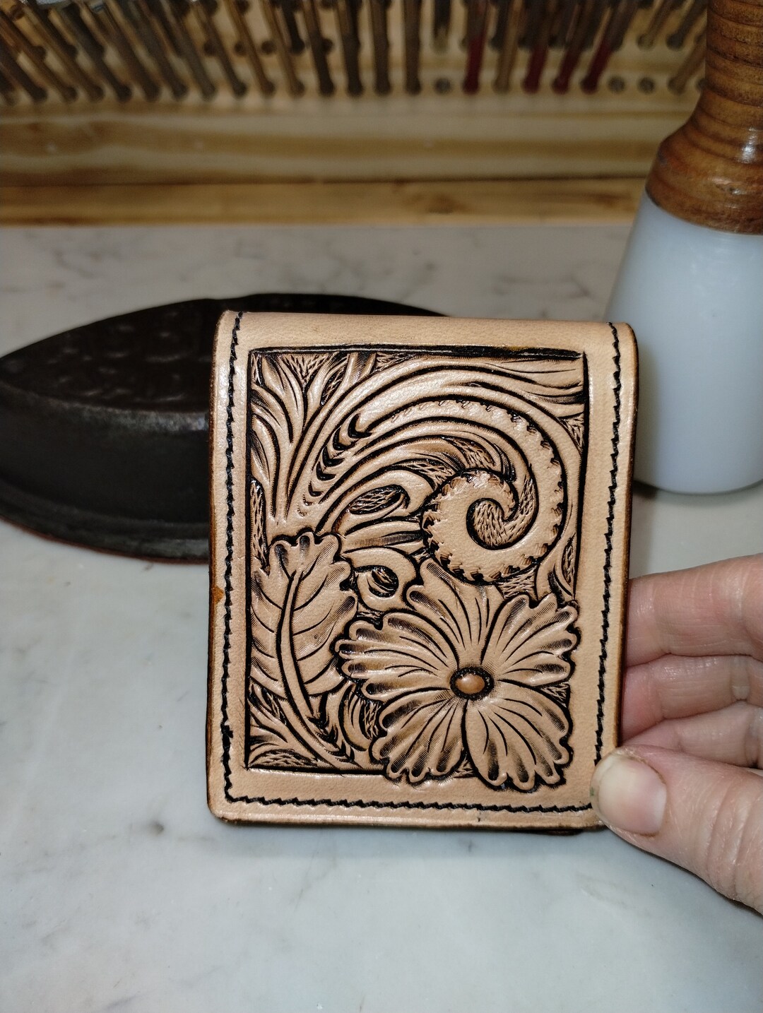 Handmade Money Clip Wallet, Hand Tooled, Top Grain Veg Tan Leather ...