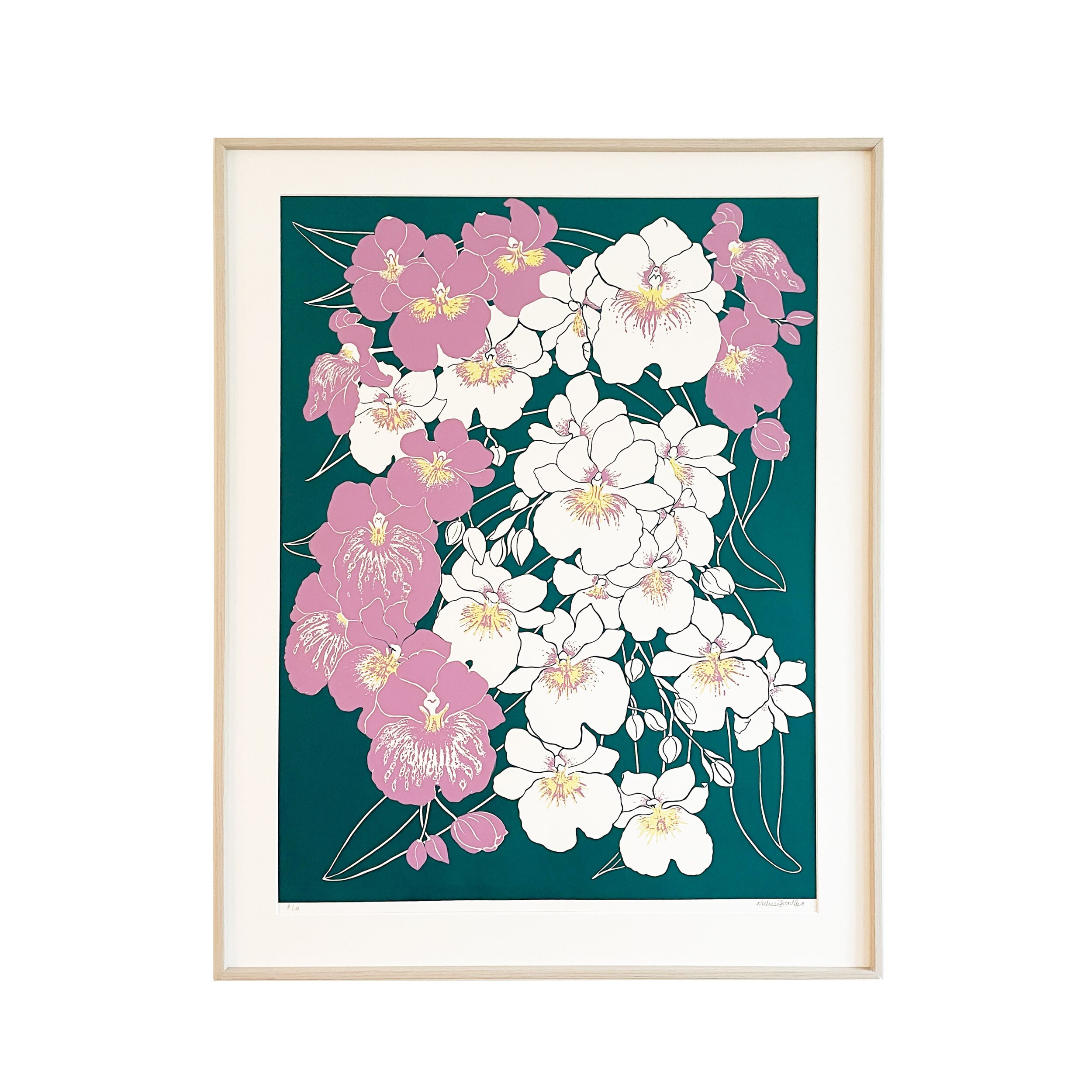 Orchids Cascade Hand Silk-screened Art Print 22" X 28" Forest Green and ...