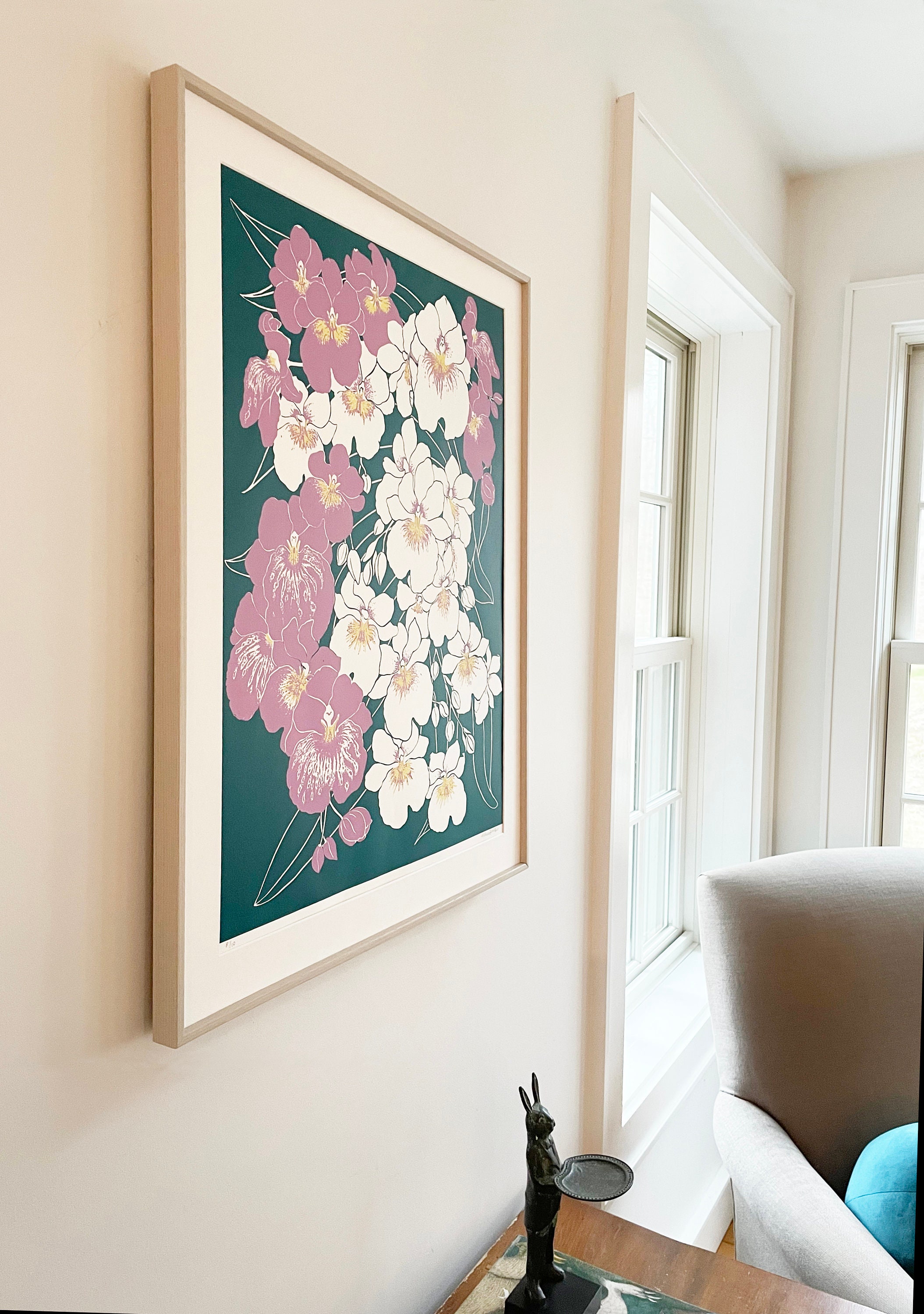 Orchids Cascade Hand Silk-screened Art Print 22" X 28" Forest Green and ...