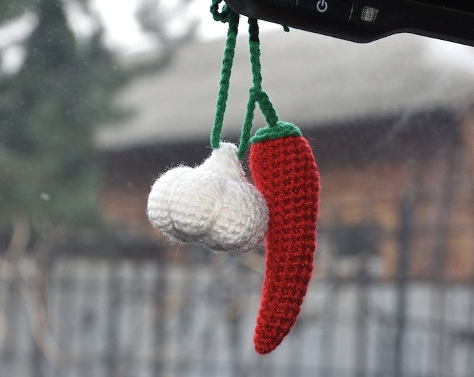 Red Pepper Garlic Car Rear View Mirror Crochet Chili Pepper Toy Car ...