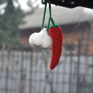 Red Pepper Garlic Car Rear View Mirror Crochet Chili Pepper Toy Car ...