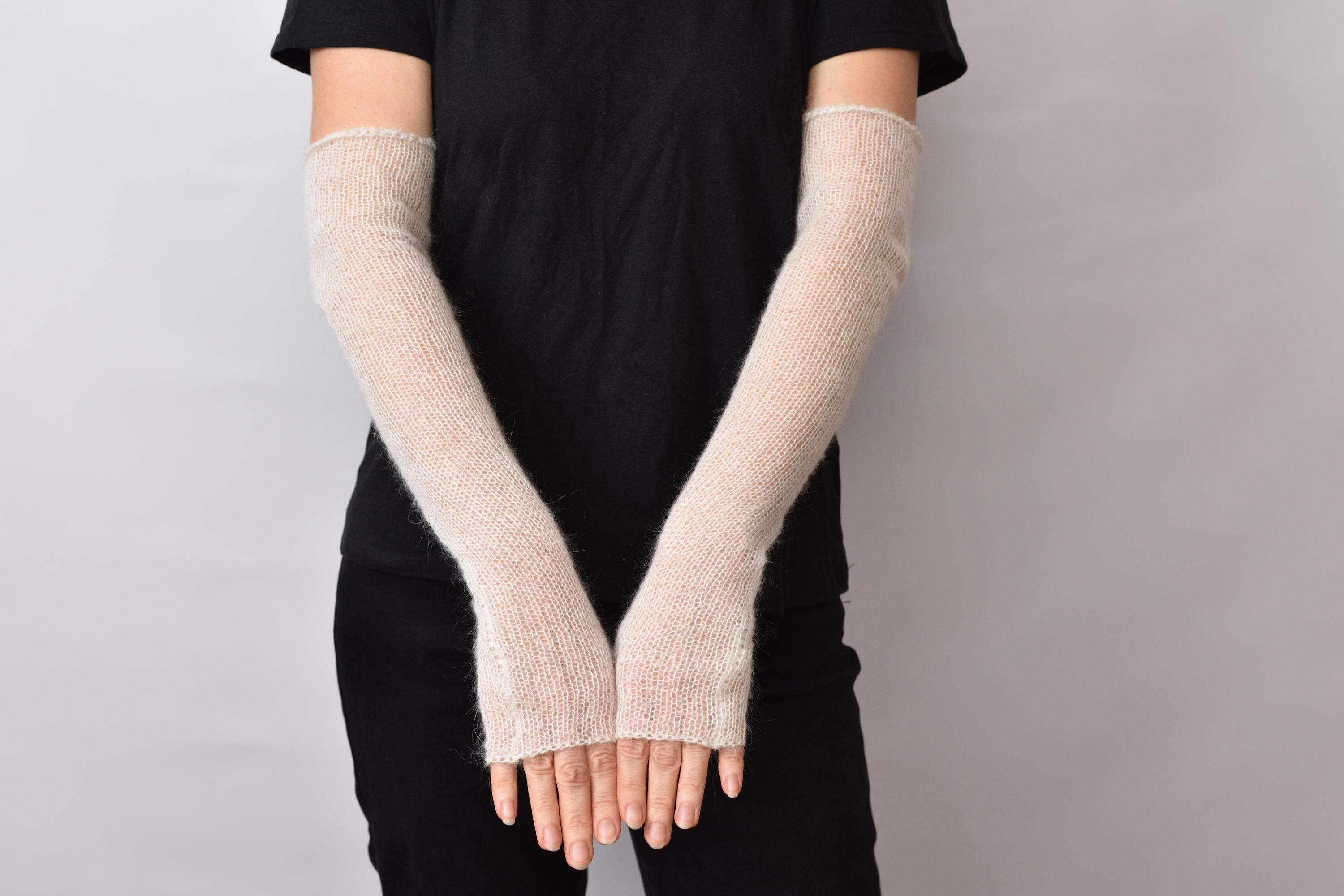 Mohair Silk Fingerless Gloves, Extra Thin Gloves, Long Knit Arm Warmers ...