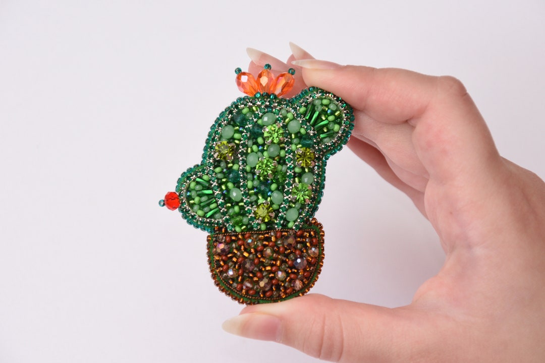 Green Beaded Brooch Cactus Succulent Pin Mezcal Broach Bead Embroidery ...