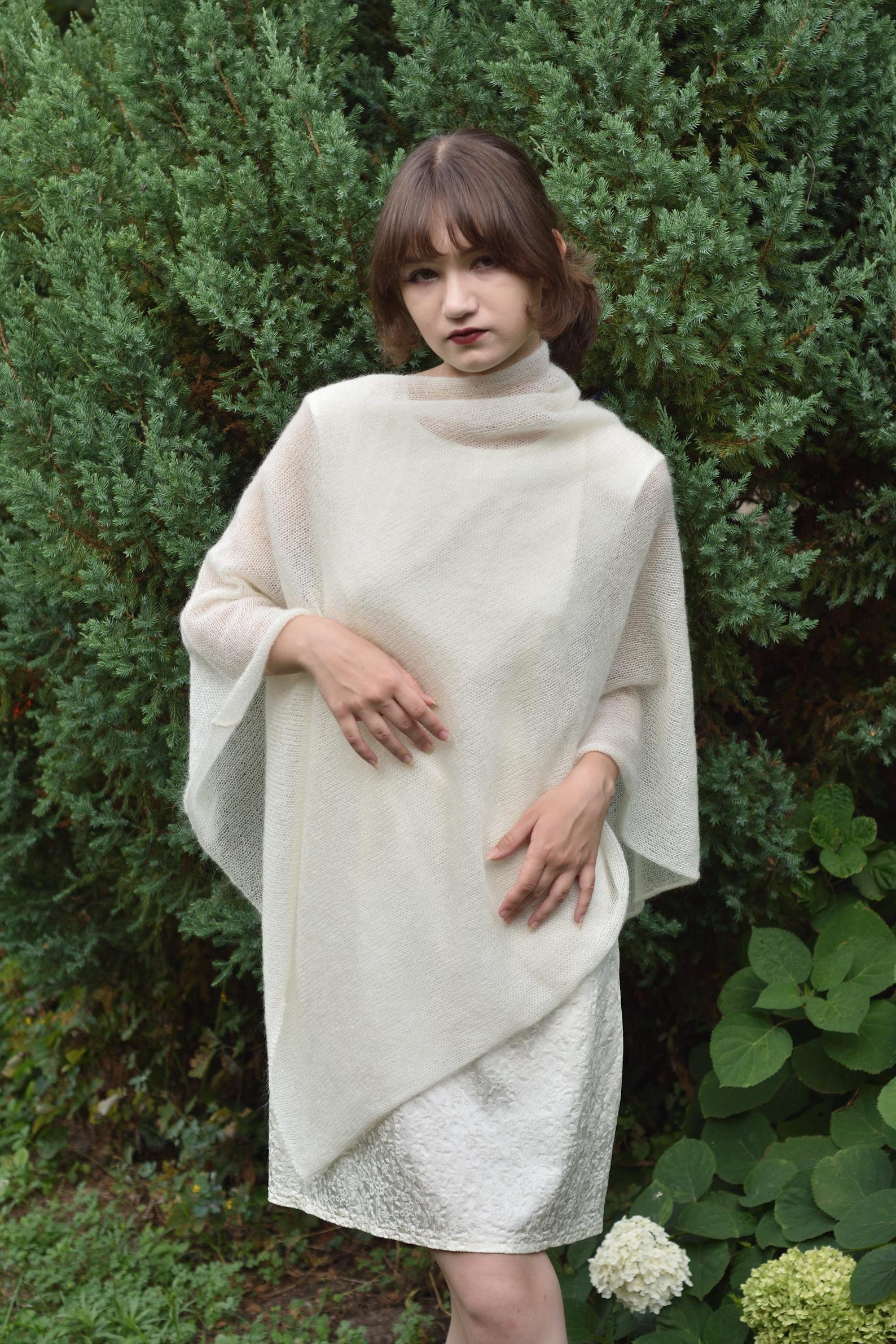 White Mohair Poncho – Sheer Knit Wrap, Bridal Cape, Lightweight Wedding ...