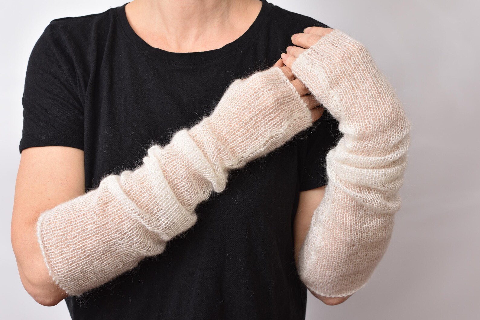 Mohair Silk Fingerless Gloves, Extra Thin Gloves, Long Knit Arm Warmers ...