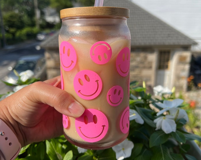 Preppy Hot Pink Smiley Face Glass Cup Preppy Coffee Lover Hot Pink ...
