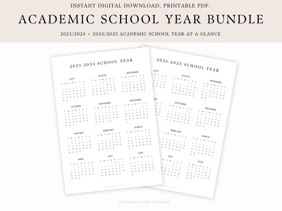 Printable Academic School Year Calendar Bundle, 2023, 2024, 2025, Year ...