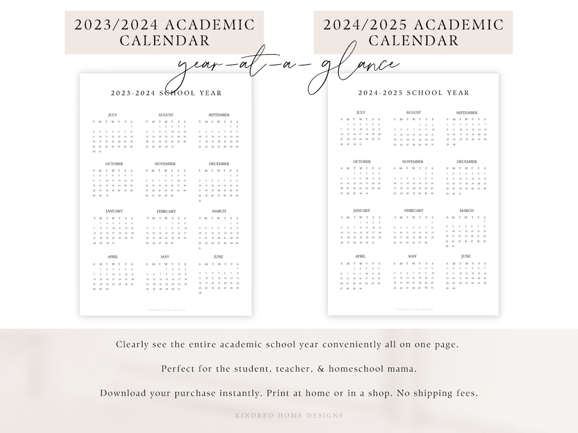 Printable Academic School Year Calendar Bundle, 2023, 2024, 2025, Year ...