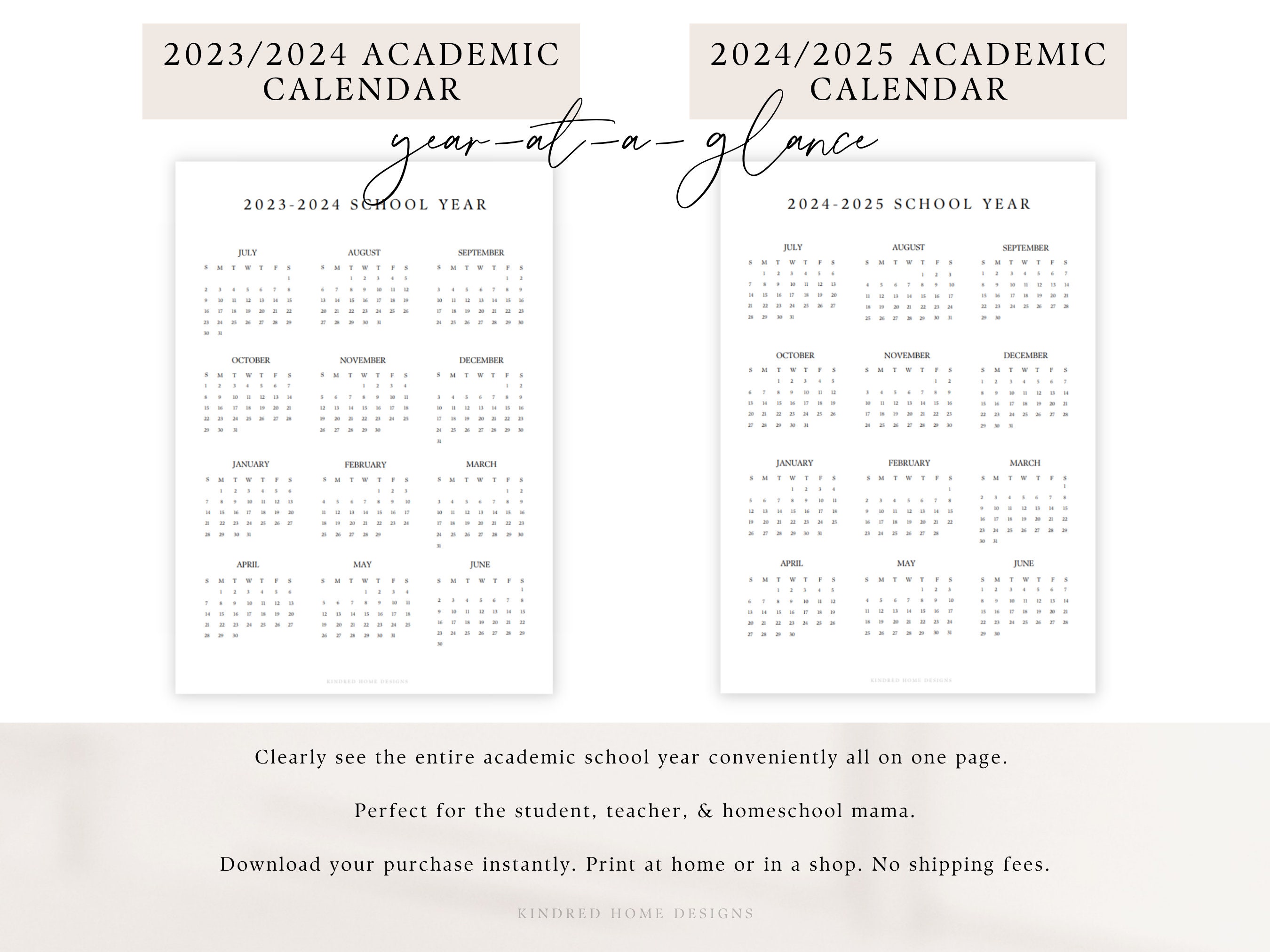Printable Academic School Year Calendar Bundle, 2023, 2024, 2025, Year ...