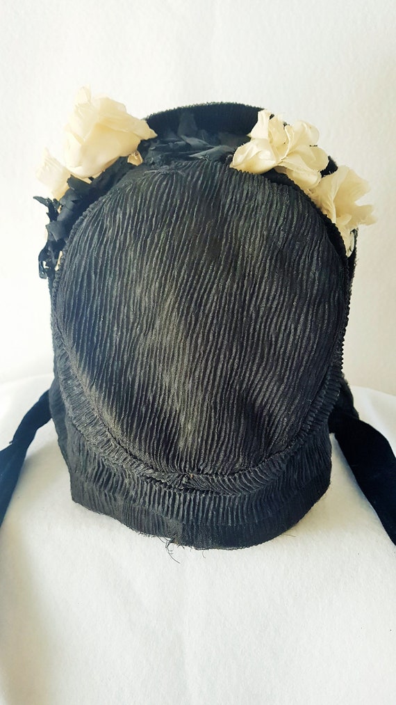 Hat Victorian Black Silk Mourning Bonnet, Lace & Flor… - Gem