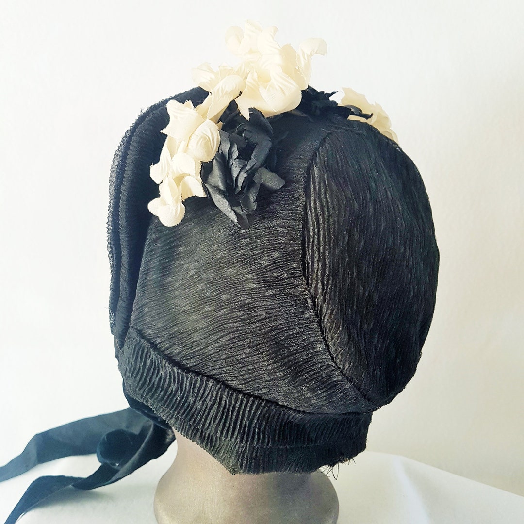 Hat Victorian Black Silk Mourning Bonnet, Lace & Floral Antique Fabric ...