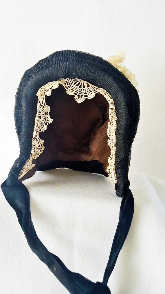 Hat Victorian Black Silk Mourning Bonnet, Lace & Flor… - Gem