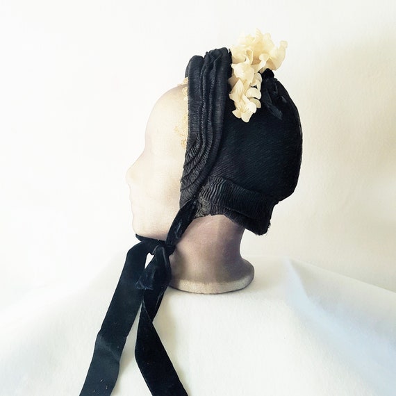 Hat Victorian Black Silk Mourning Bonnet, Lace & Flor… - Gem