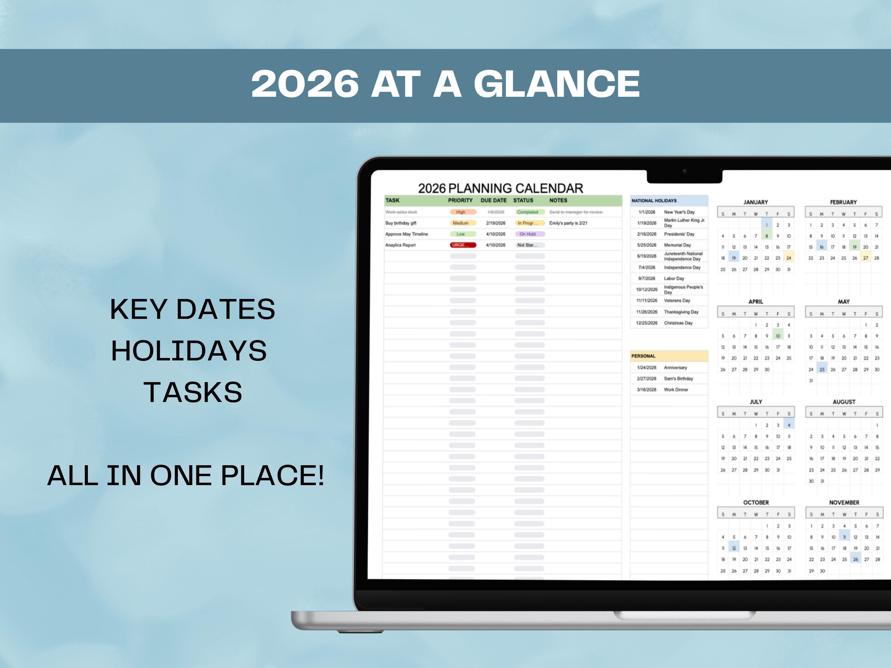 2026 Year at a Glance Planning Calendar | Google Sheets Template ...