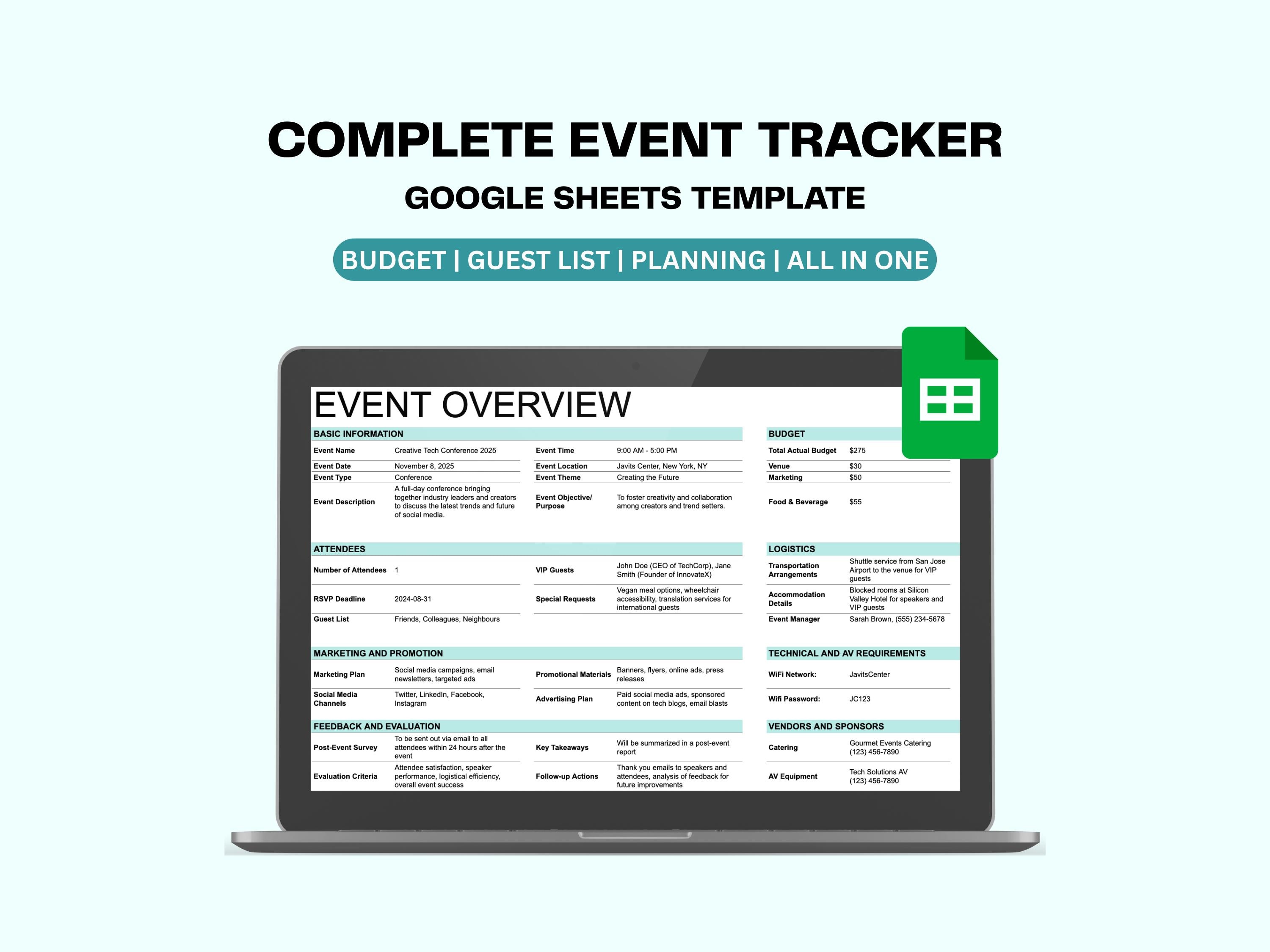 Event Planner Spreadsheet: Google Sheets Party, Wedding, Baby Shower ...