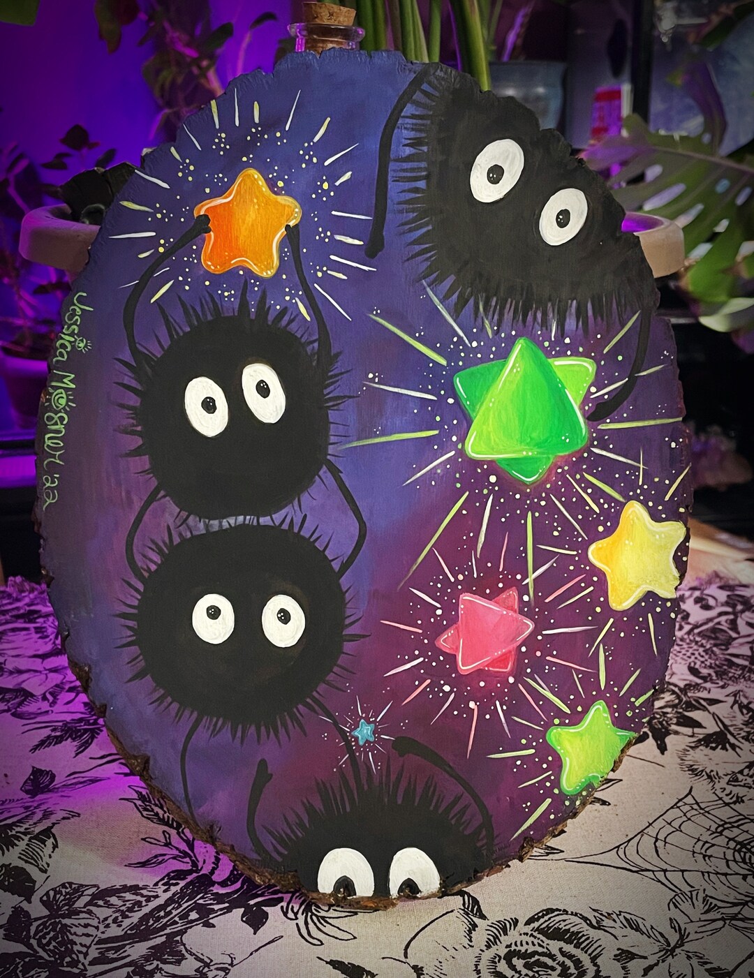 12in Soot Sprite Gouache Painting on Wood Slice Studio Ghibli Spirited ...