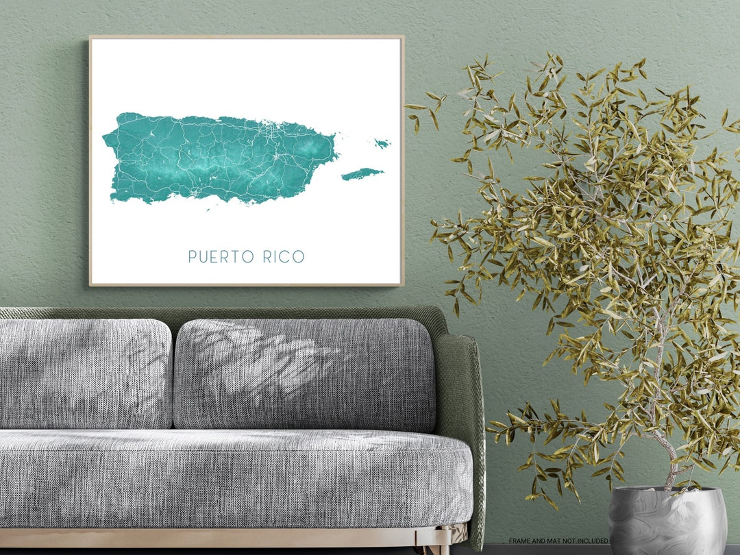 Puerto Rico Map Wall Art Print Poster, Turquoise 3D Landscape ...