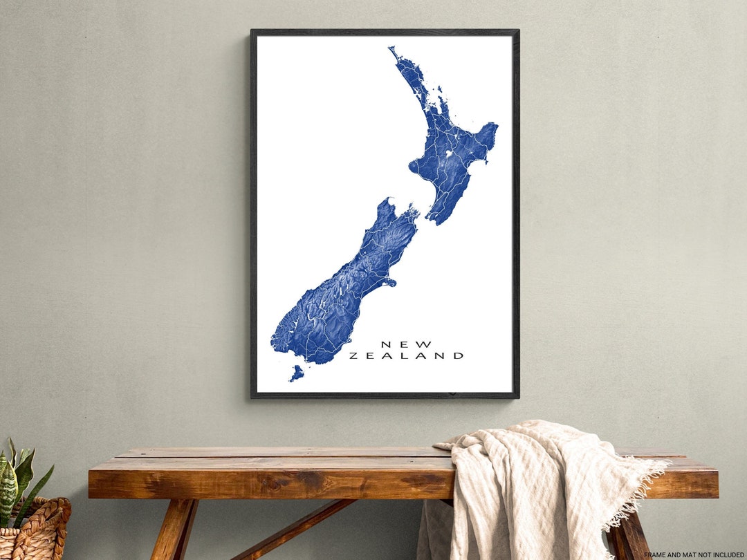 New Zealand Map Poster, Blue Geometric 3D Landscape Art Prints, New ...