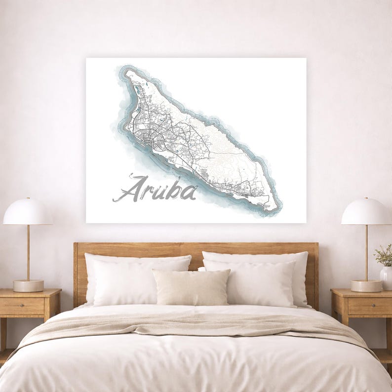 Aruba Island Map Wall Art Print Poster With Blue Watercolor Style ...