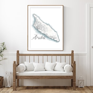 Aruba Island Map Wall Art Print Poster With Blue Watercolor Style ...