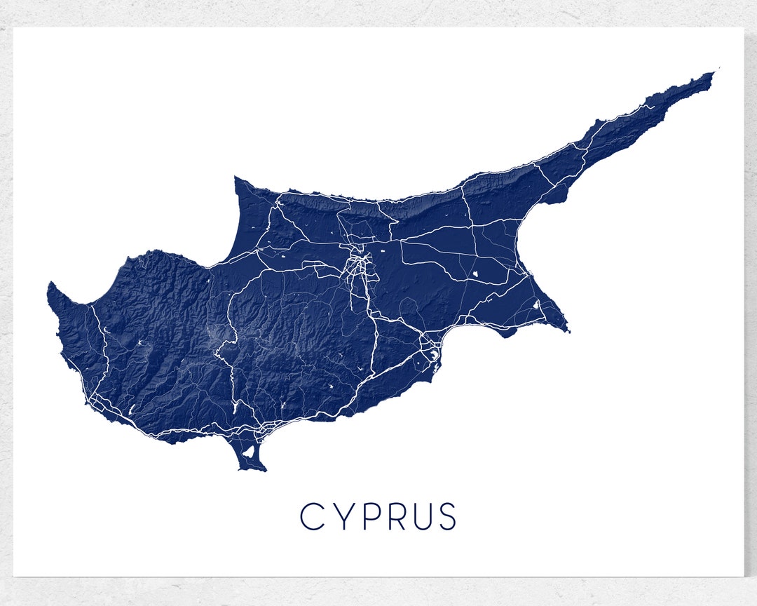 Cyprus Map of Cyprus Country Map, Blue Cypress Wall Art Print With ...