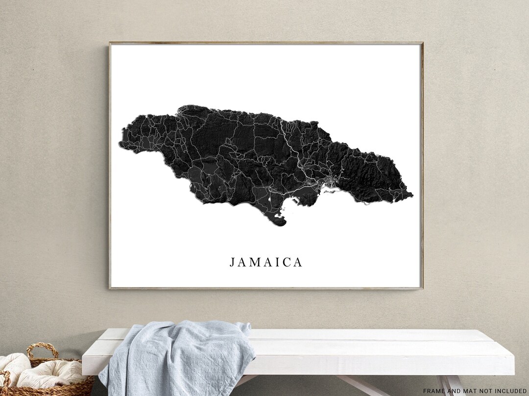 Jamaica Map Print Poster, Topographic Black and White Map of Jamaica ...