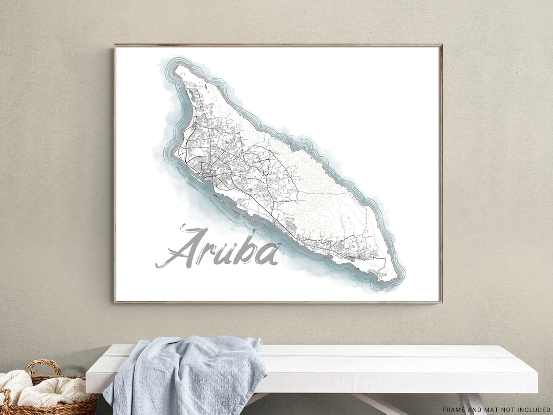 Aruba Island Map Wall Art Print Poster With Blue Watercolor Style ...