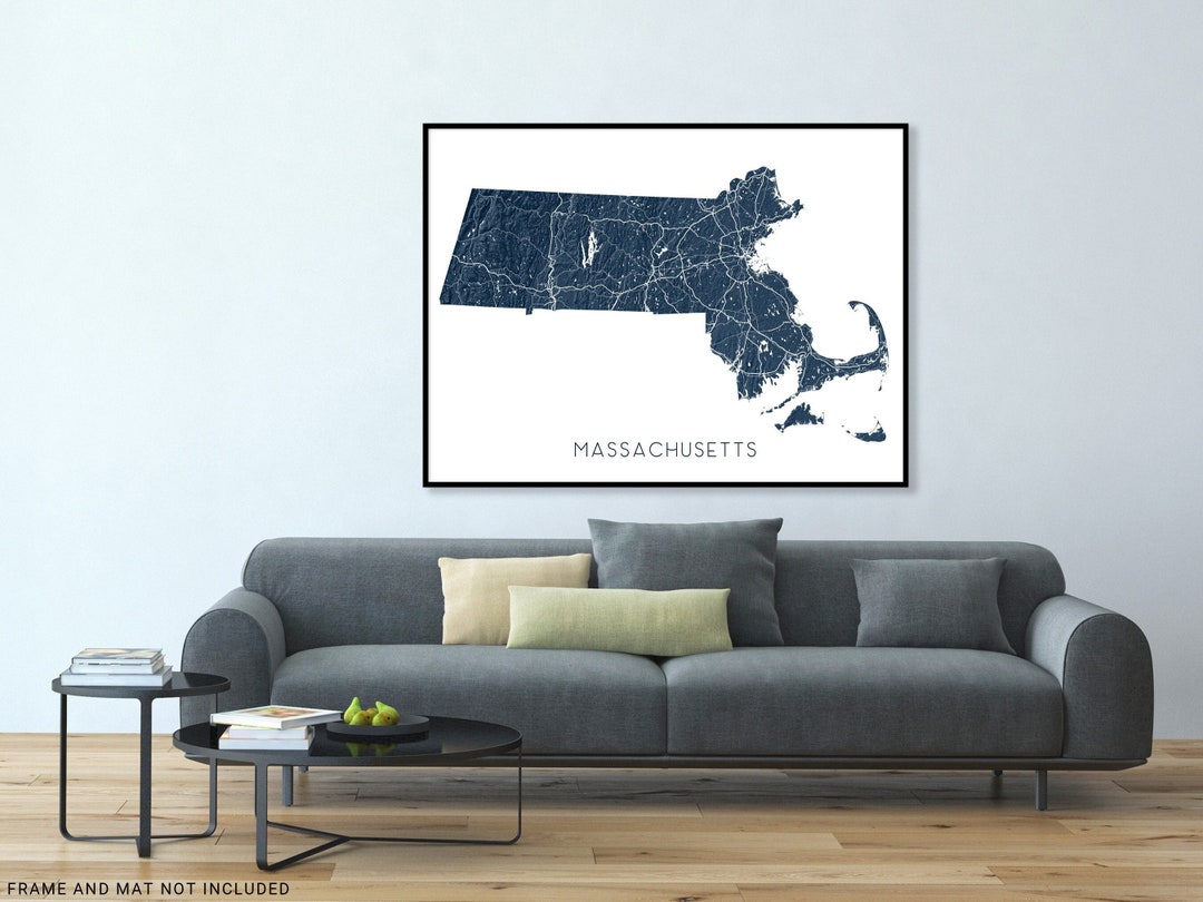 Massachusetts Map Wall Art Print Poster, Personalized 3D Topographic ...