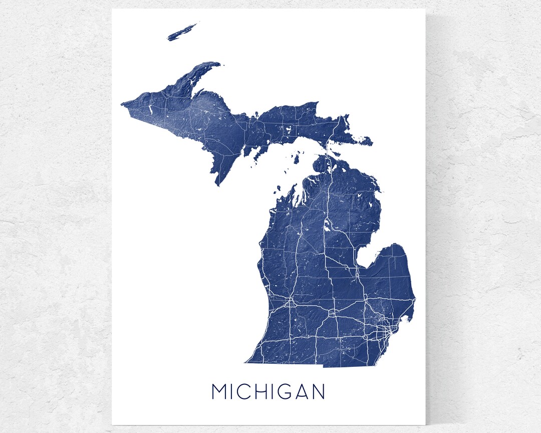 Michigan Print Map and Michigan Art Prints With Michigan State MI Roads ...