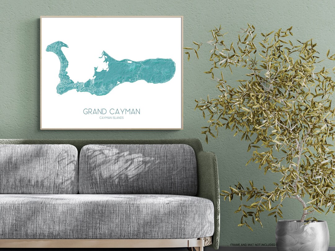 Grand Cayman Map Print, Tuquoise Aqua Topographic Cayman Islands Art ...