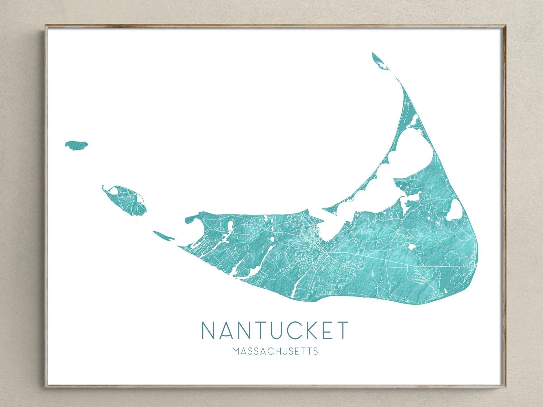 Nantucket Map Print With Turquoise Topographic Design, New England ...