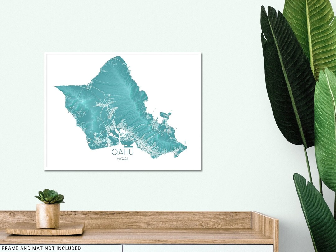 Oahu Hawaii Island Map Print Poster, Turquoise Topographic Map of Oahu ...
