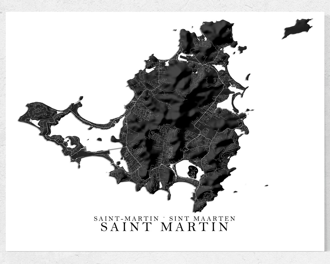 Saint Martin Island Map Print Poster, Black and White Topographic Map ...
