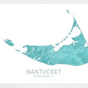Nantucket Map Print With Turquoise Topographic Design, New England ...