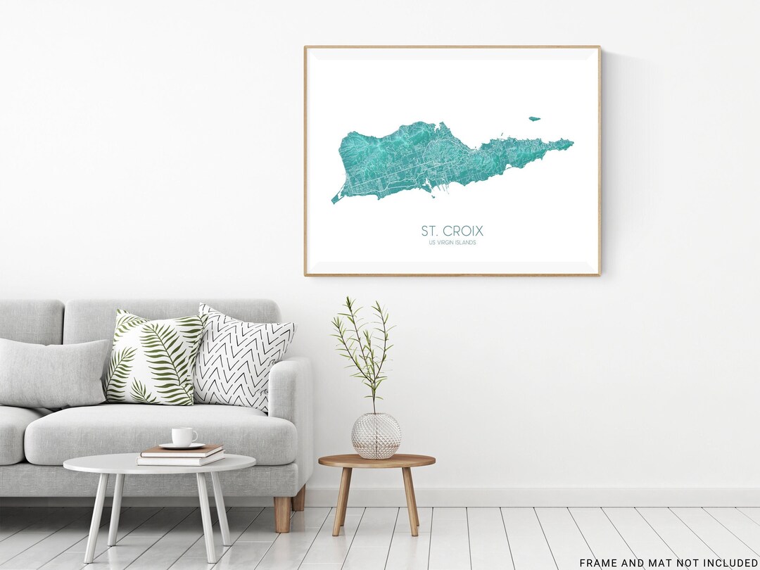 St Croix US Virgin Islands Map Wall Art Print Poster, Turquoise Map of ...